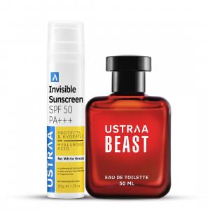 Ustraa Invisible Sunscreen SPF 50 PA+++ & Beast EDT Perfume for Men